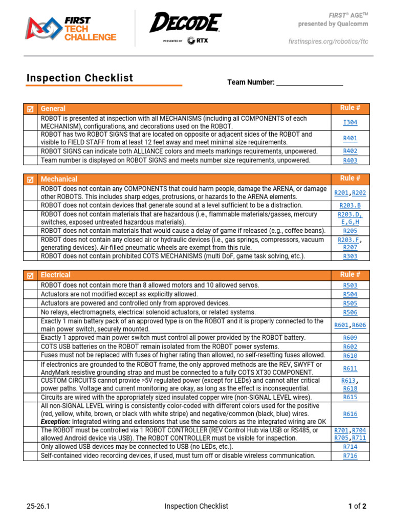 FTC Robot Inspection Checklist | PDF