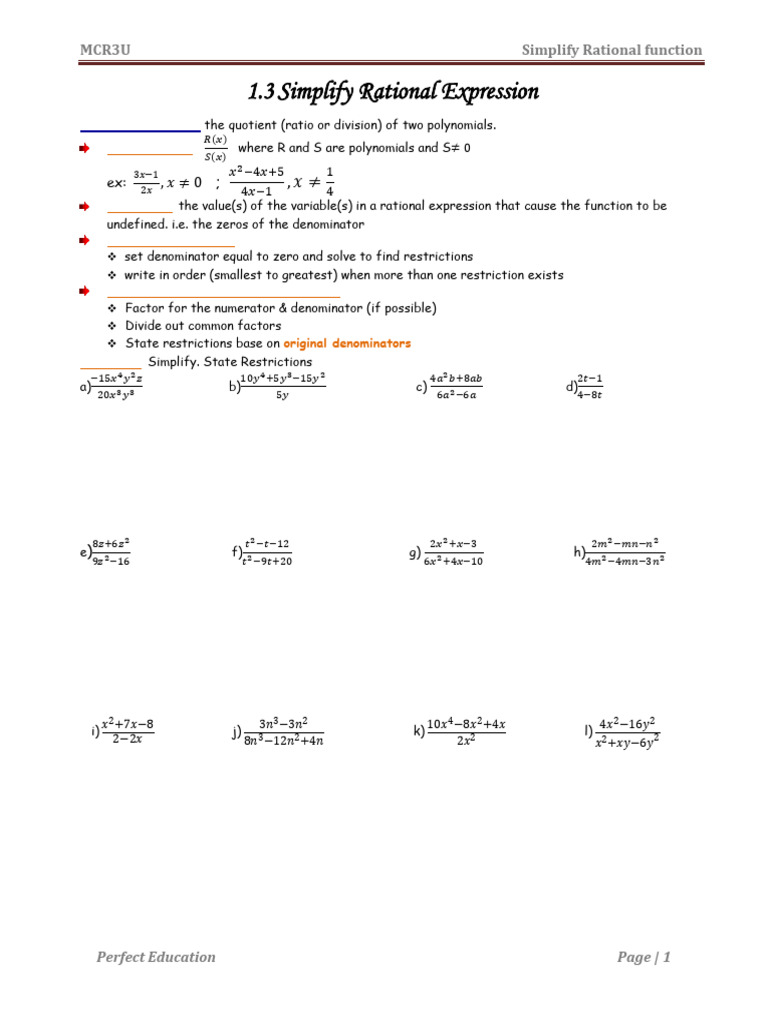 Simplifying Rational Expressions Guide | PDF