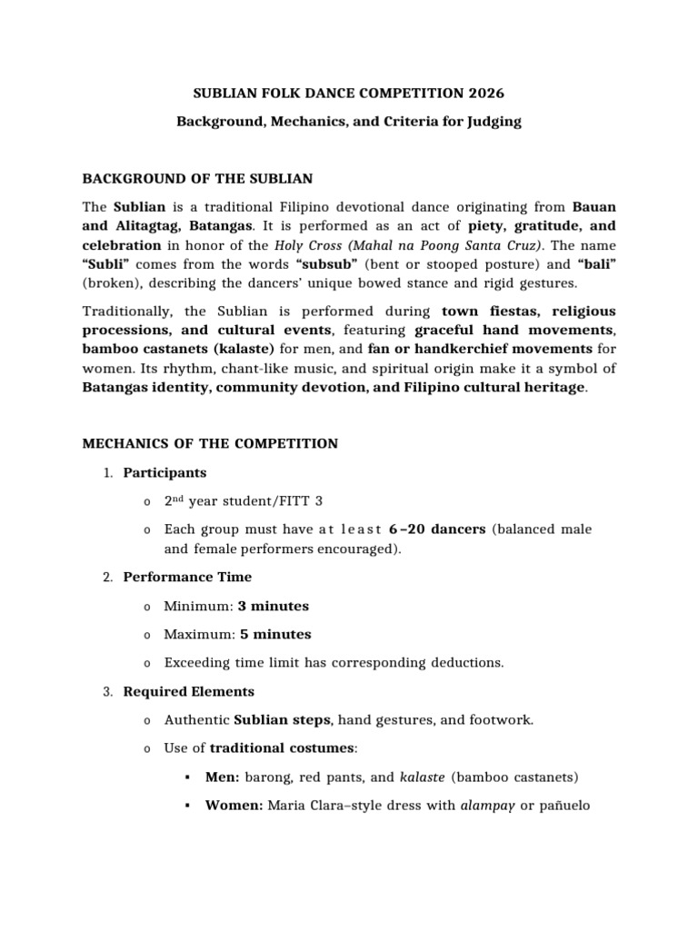 Sublian Folk Dance Competition 2026 Guide | PDF | Dances | Performing Arts