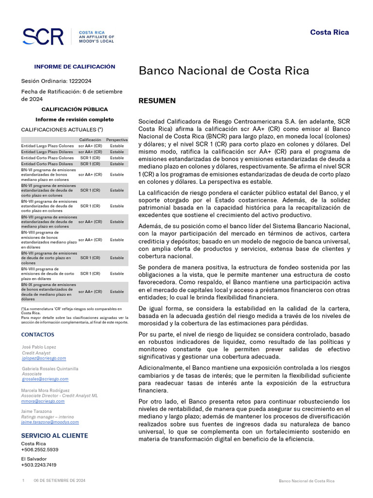 Calificación AA+ del Banco Nacional CR | PDF | Bancos | Riesgo crediticio