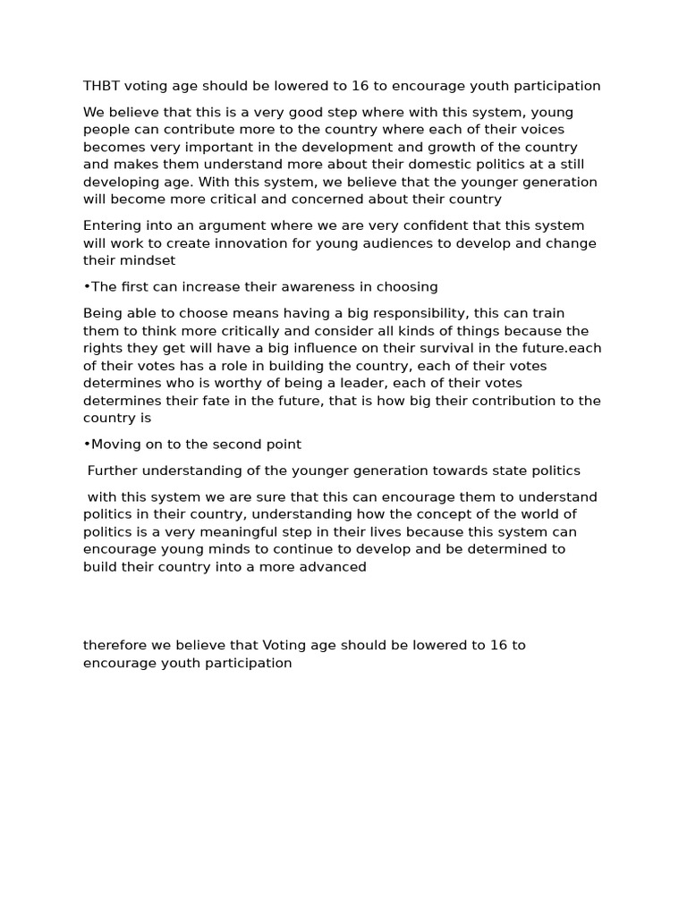 THBT Voting Age Should Be Lowered to 16 to Encourage Youth ...
