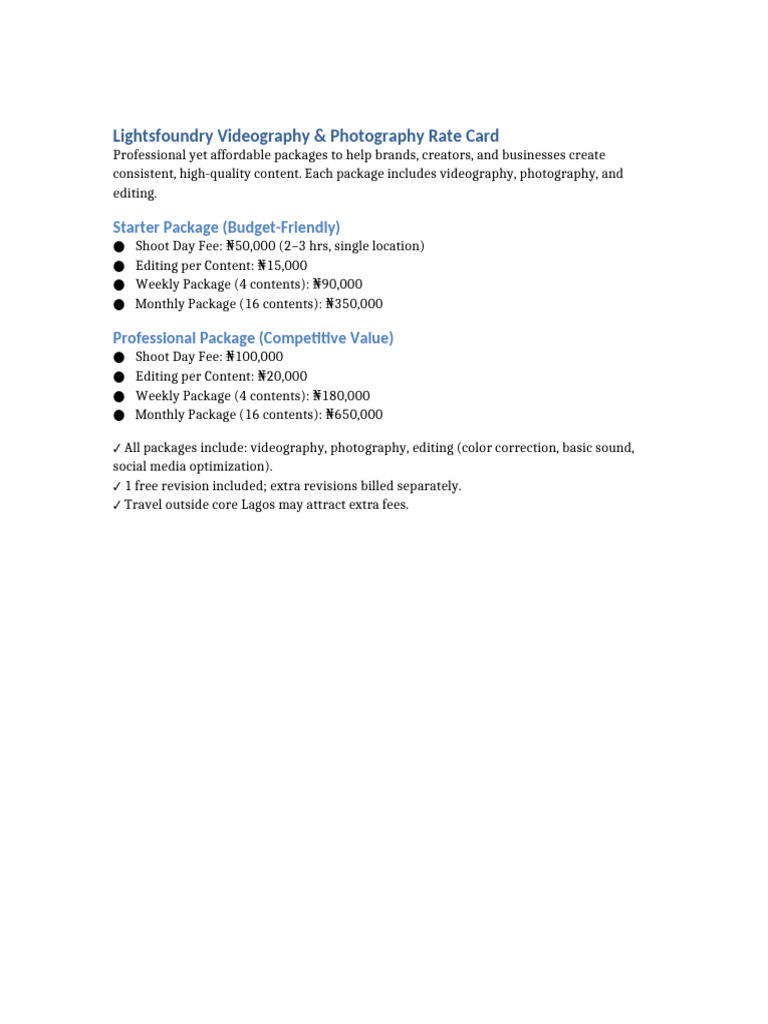 Affordable Videography & Photography Rates | PDF