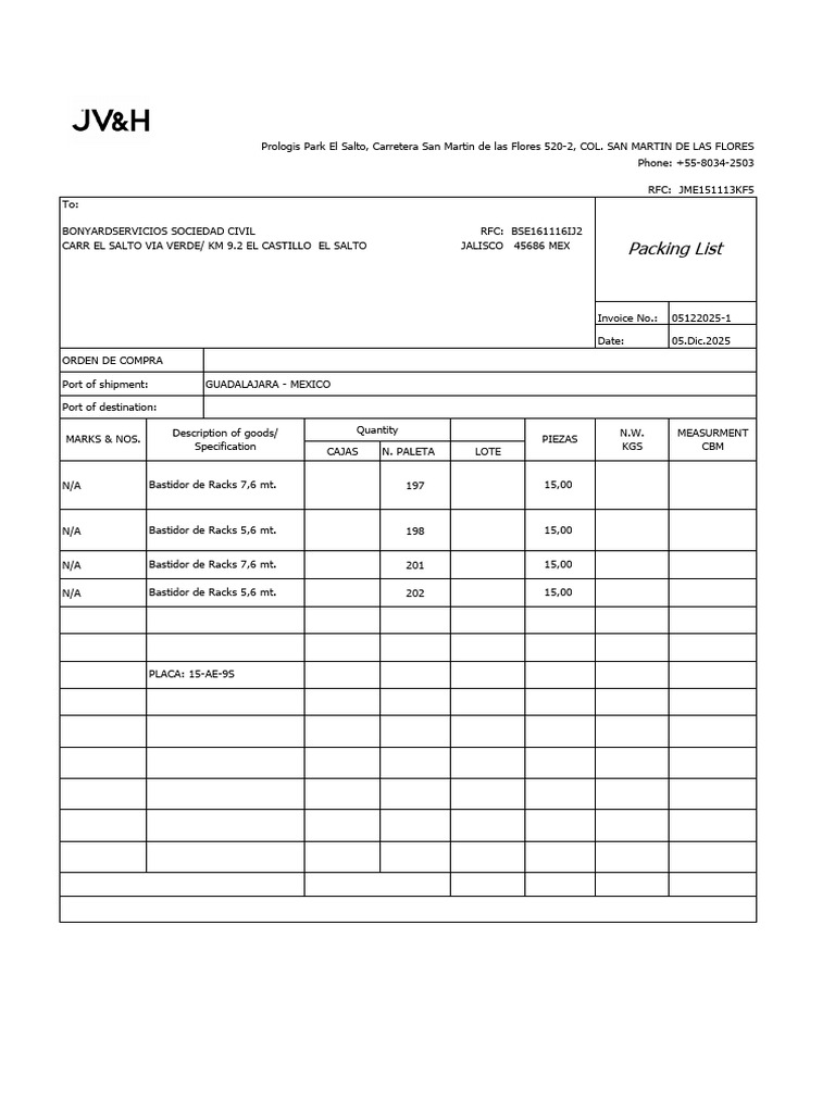 Lista de Empaque JVH Mexico 05122025-1er Envio | PDF