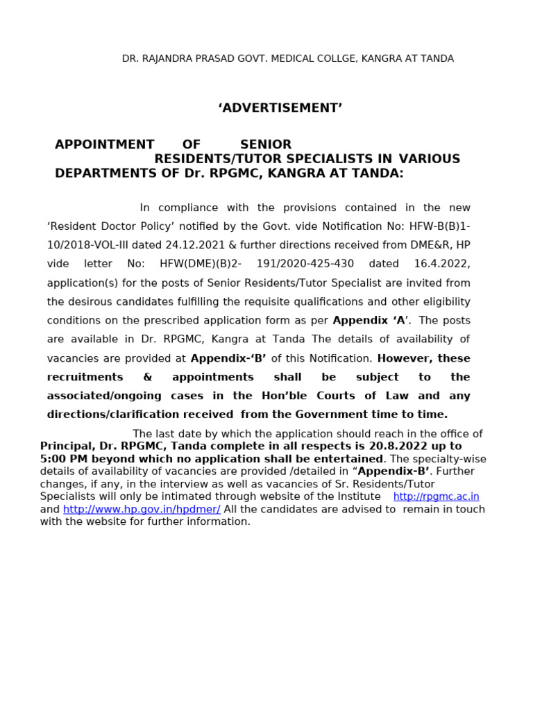 Sr Adv. Tanda Rpgmc | PDF | Doctor Of Medicine | Medical School