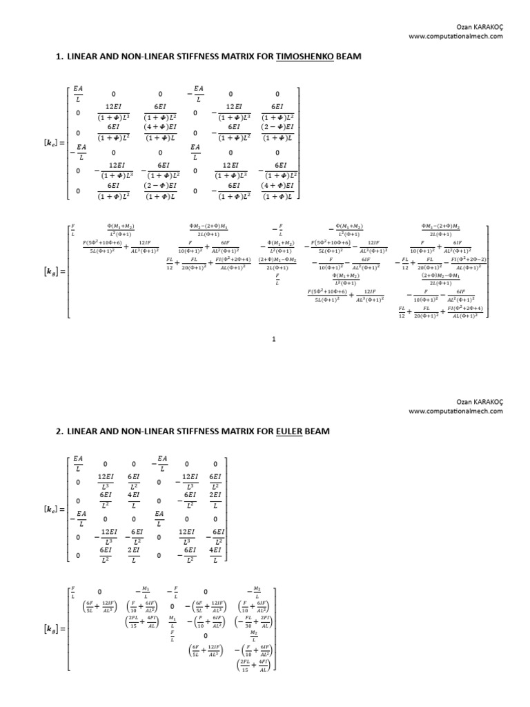 Linear and Non-Linear Stiffness Matrix For Timoshenko Beam | PDF | Beam ...