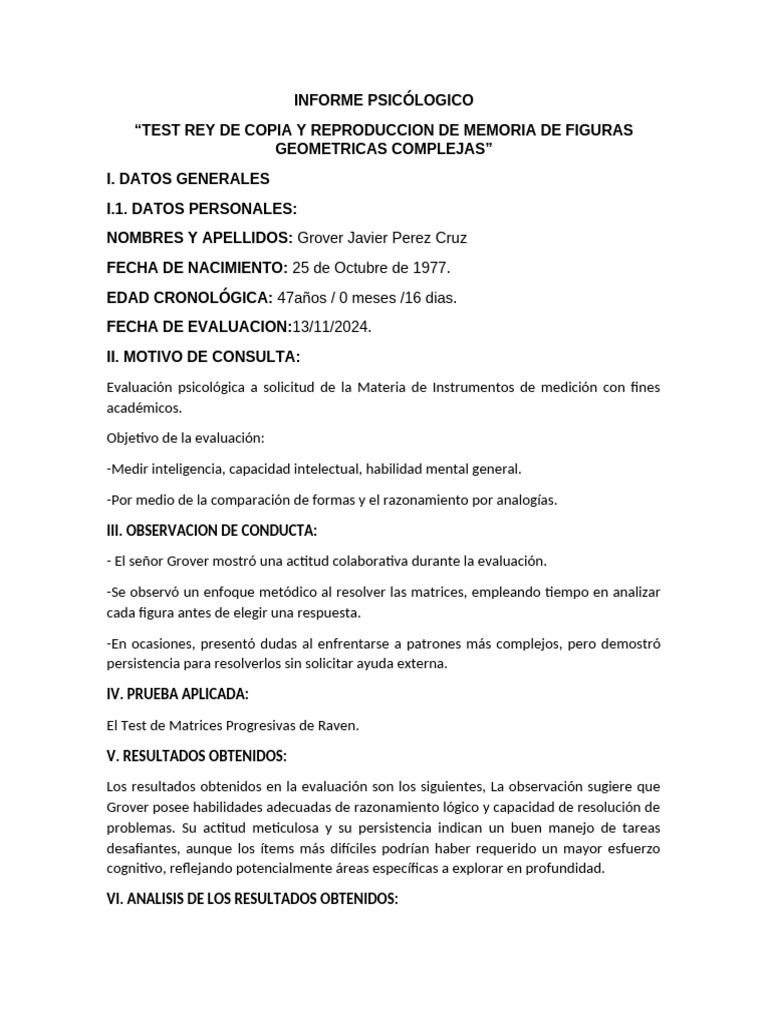 Informe Psicologico Del Rayven | PDF | Sicología | Observación