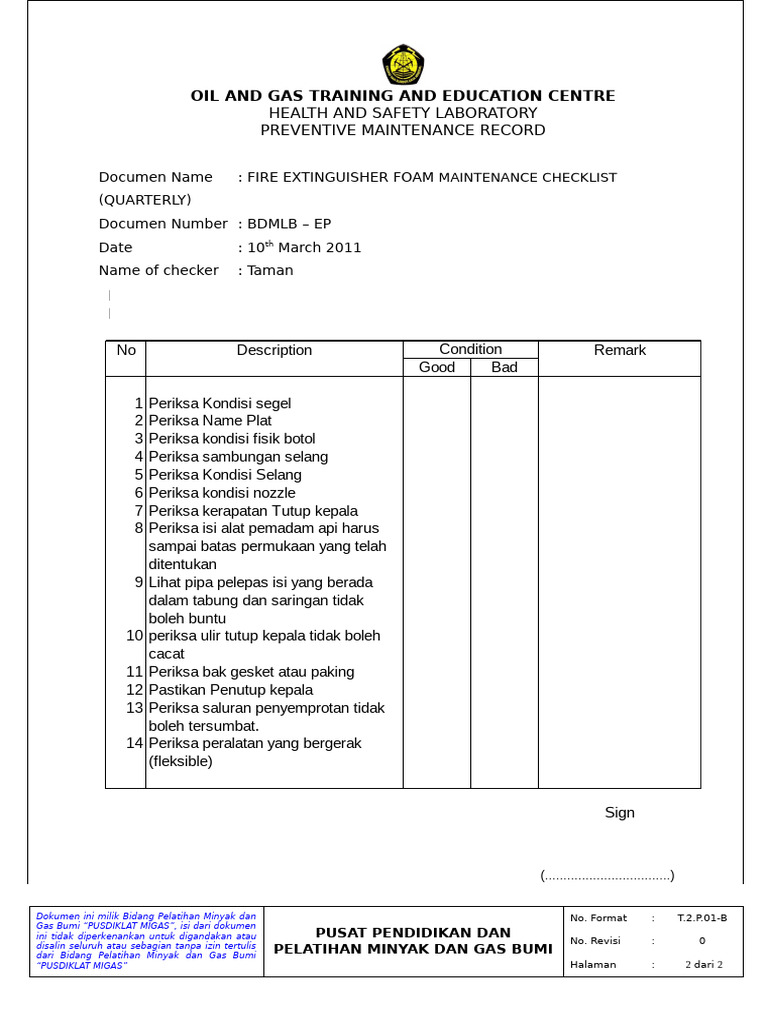 Checklist Pemeliharaan Alat Pemadam Api | PDF