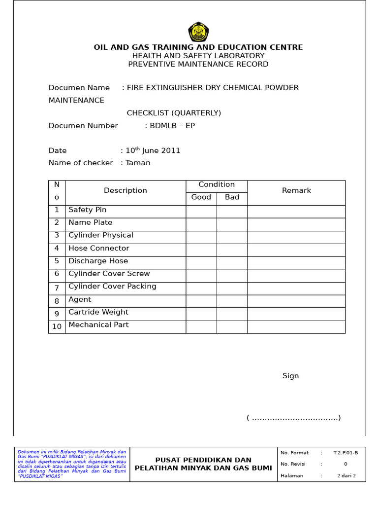 Checklist Pemeliharaan Alat Pemadam Kebakaran | PDF