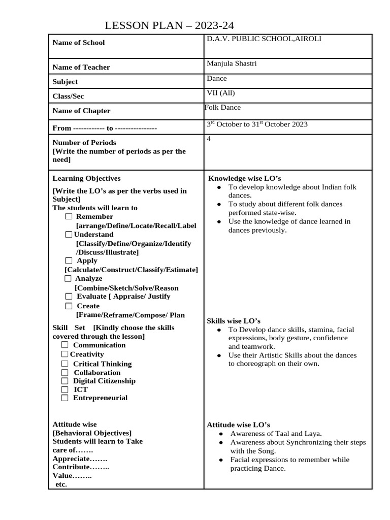 Folk Dance Lesson Plan for Class VII | PDF | Learning | Knowledge