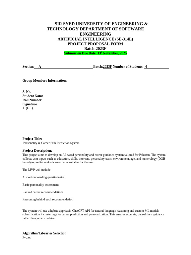 AI Project Proposal Form Sec A | PDF