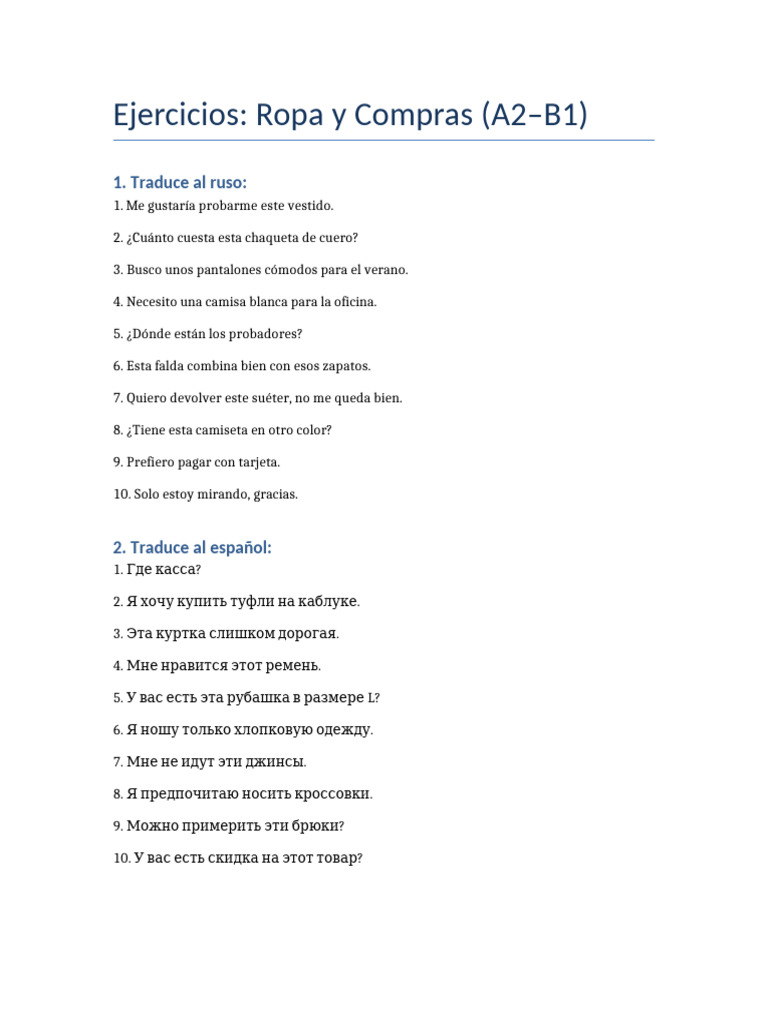 Ejercicios de Ropa y Compras en Español | PDF