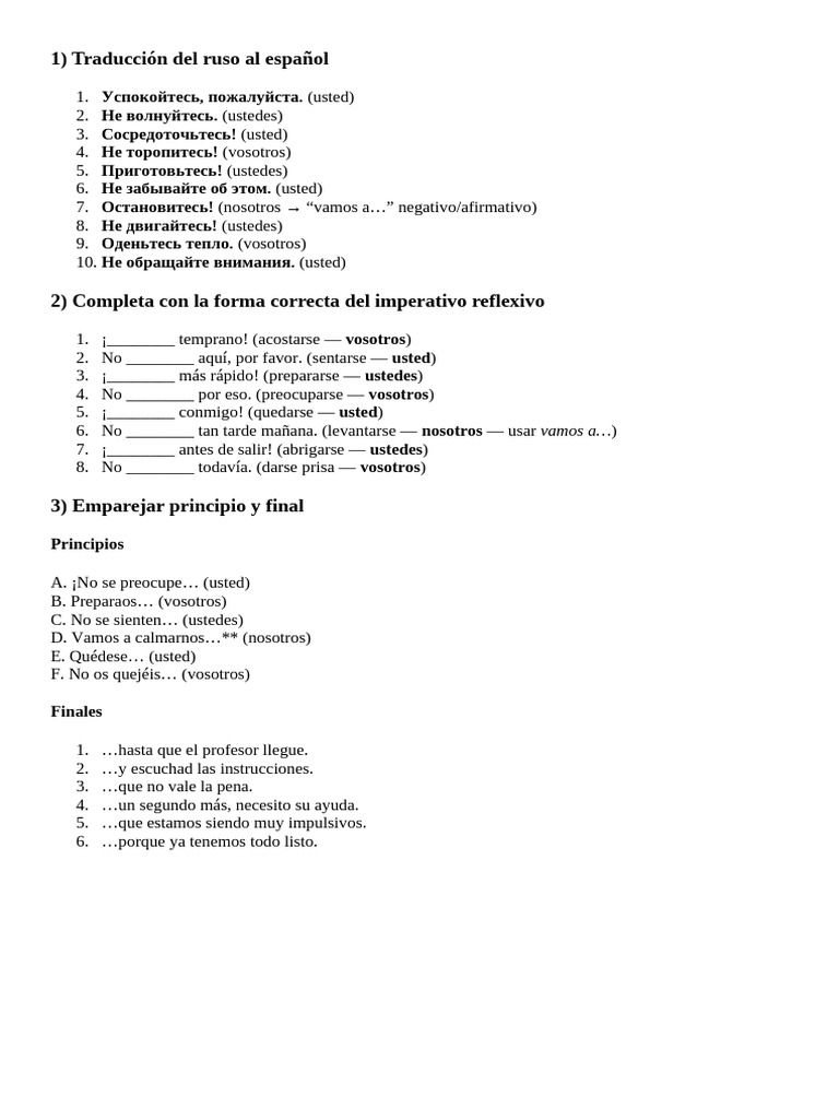 Frases y ejercicios de imperativo en español | PDF