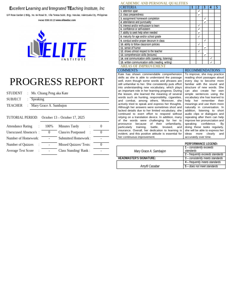 Progress Report for Kate's Speaking Skills | PDF | Reading ...