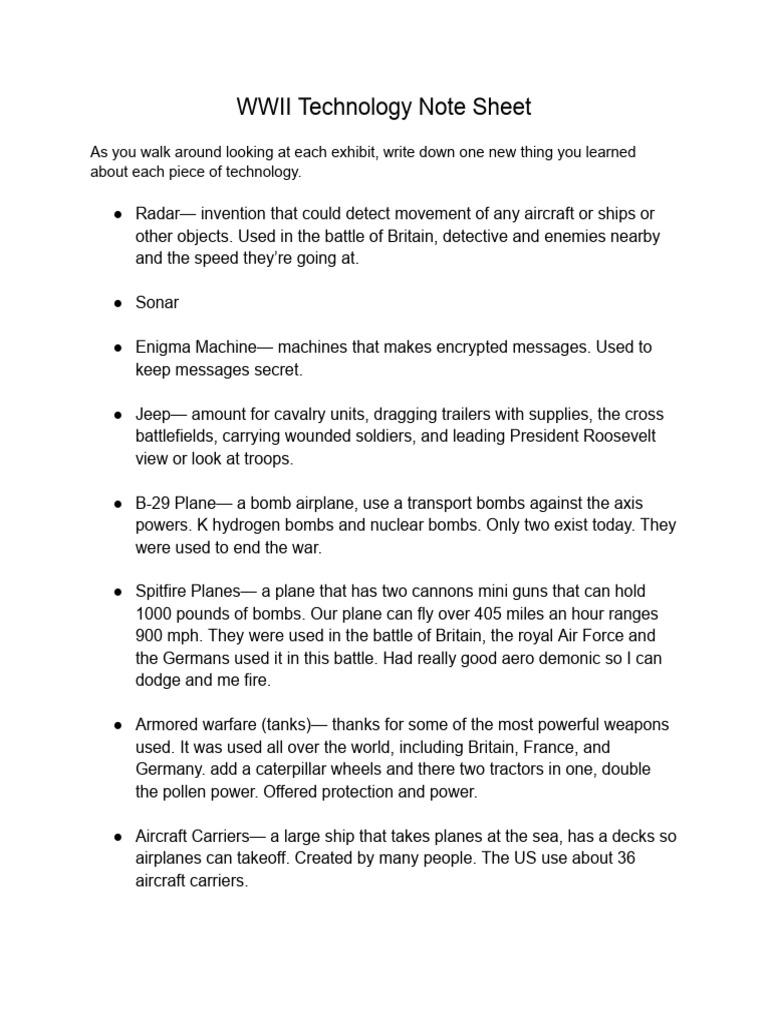 Copy of WWII Technology Note Sheet | PDF