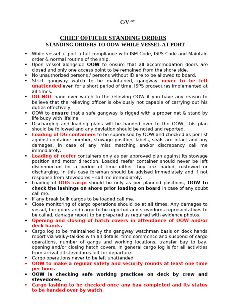 Chief Officer Standing Orders for Port Operations | PDF | Freight ...