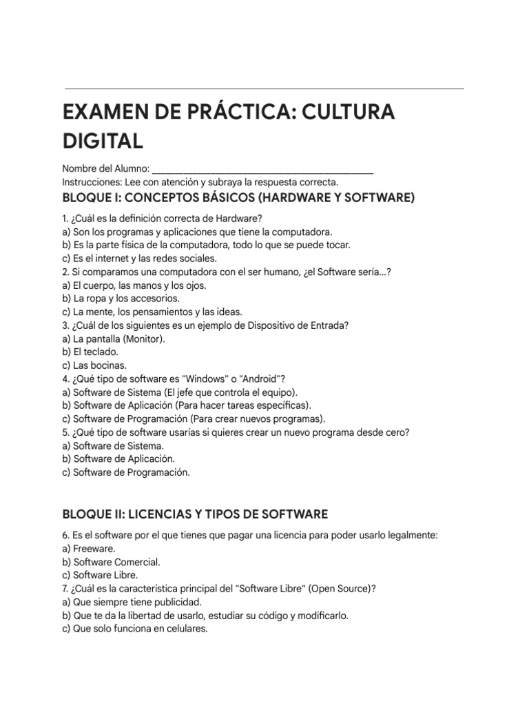 Examen Te-rico de Pr-ctica de Cultura Digital | PDF | Hardware de la computadora | Software