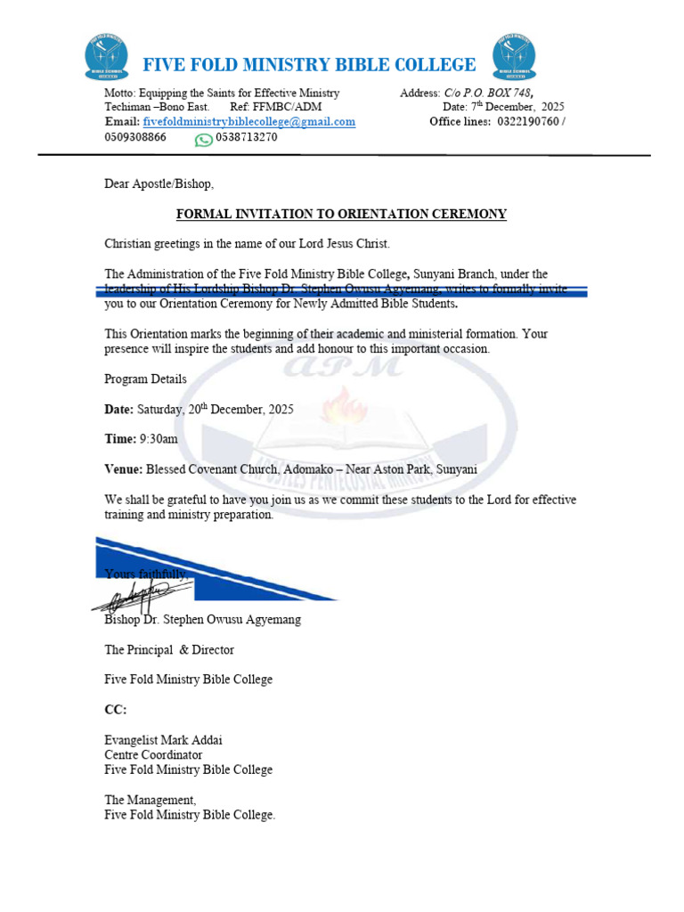 Orientation for Sunyani Bible Students Invitation Letters | PDF