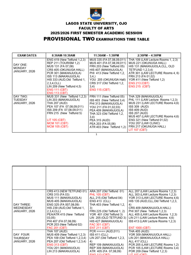 Lagos State University Exam Timetable 2026 | PDF | Academia