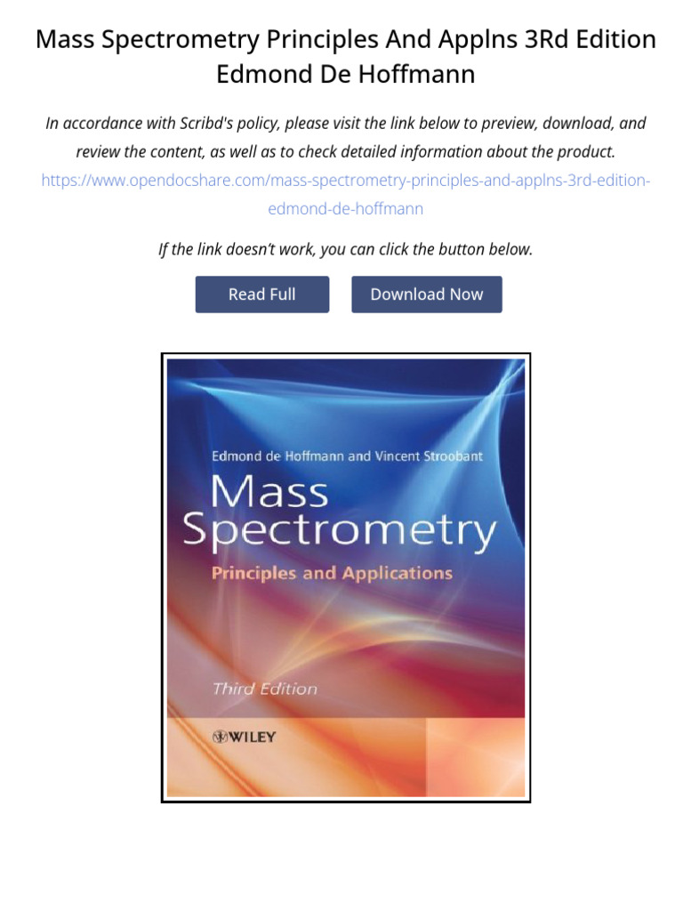 Mass Spectrometry Principles and Applns 3rd Edition Edmond De Hoffmann ...