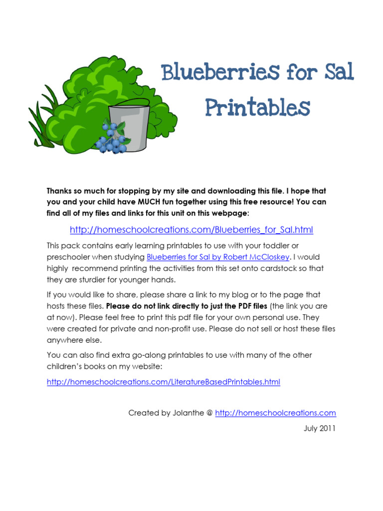 Blueberries for Sal Learning Printables | PDF | Fruit Preserves