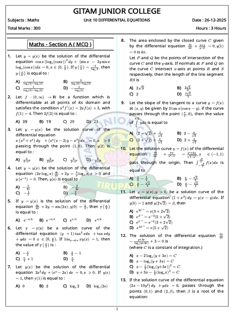 Differential Equations Exam Paper | PDF | Equations | Pi