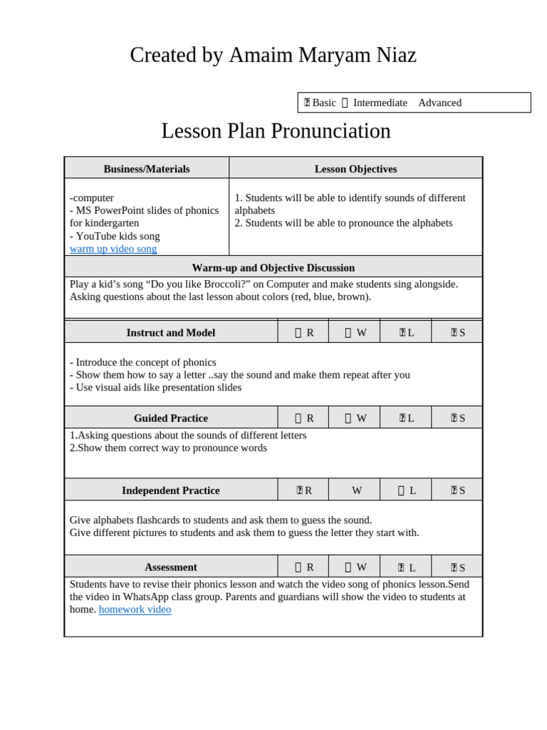 Kindergarten Phonics Lesson Plan | PDF
