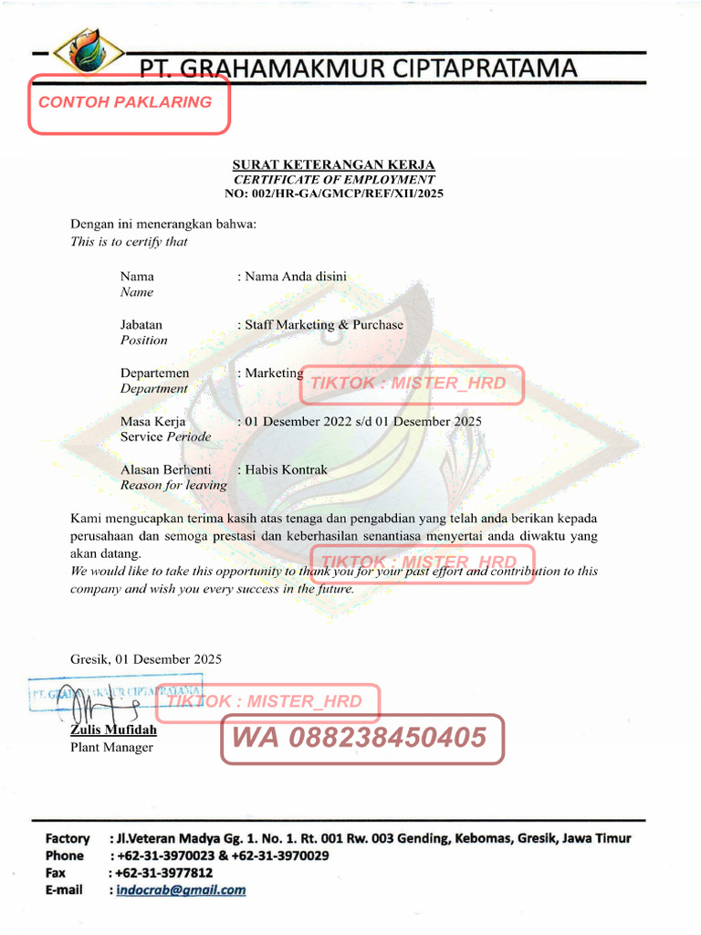 PT Graha Makmur Cipta Pratama Contoh Paklaring | PDF