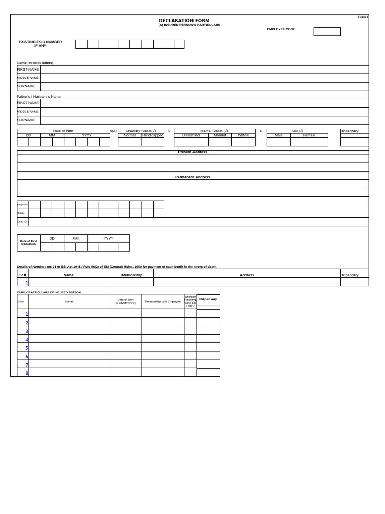 ESI Declaration Form for Insured Persons | PDF | Social Policy | Social ...