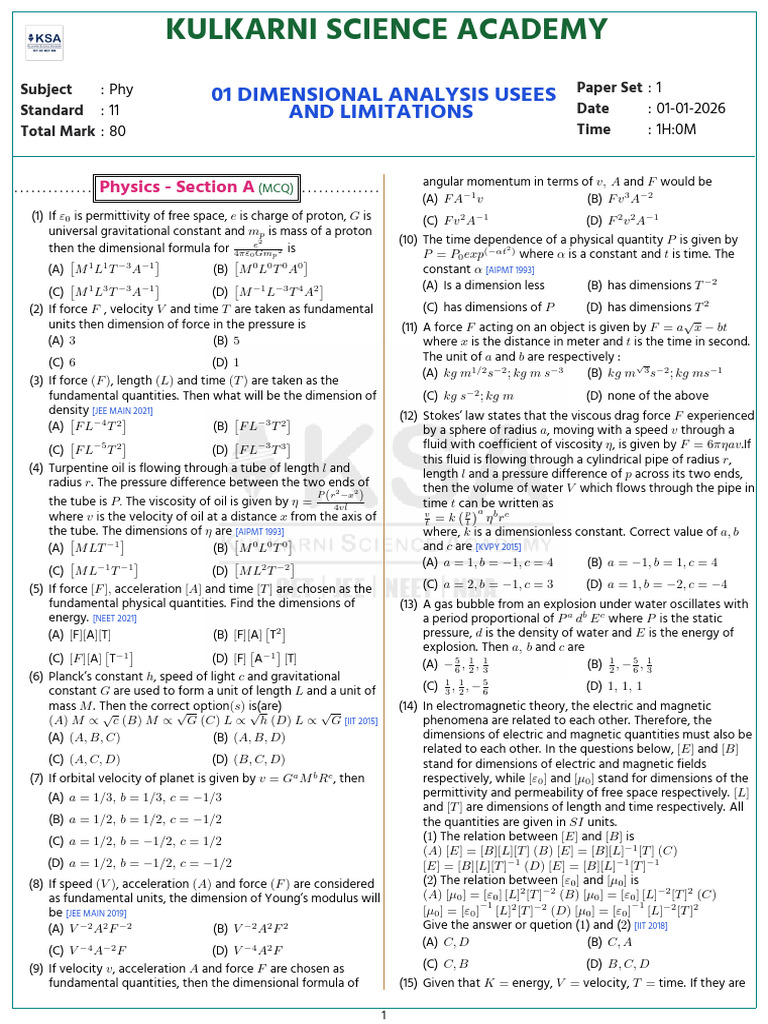 Dimensional Analysis in Physics MCQs | PDF | Viscosity | Mechanical ...