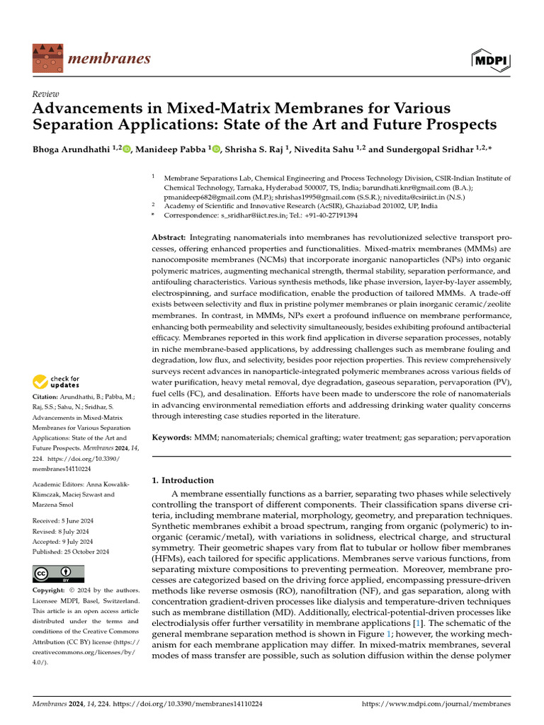 Advancements in Mixed-Matrix Membranes For Various | PDF | Membrane ...