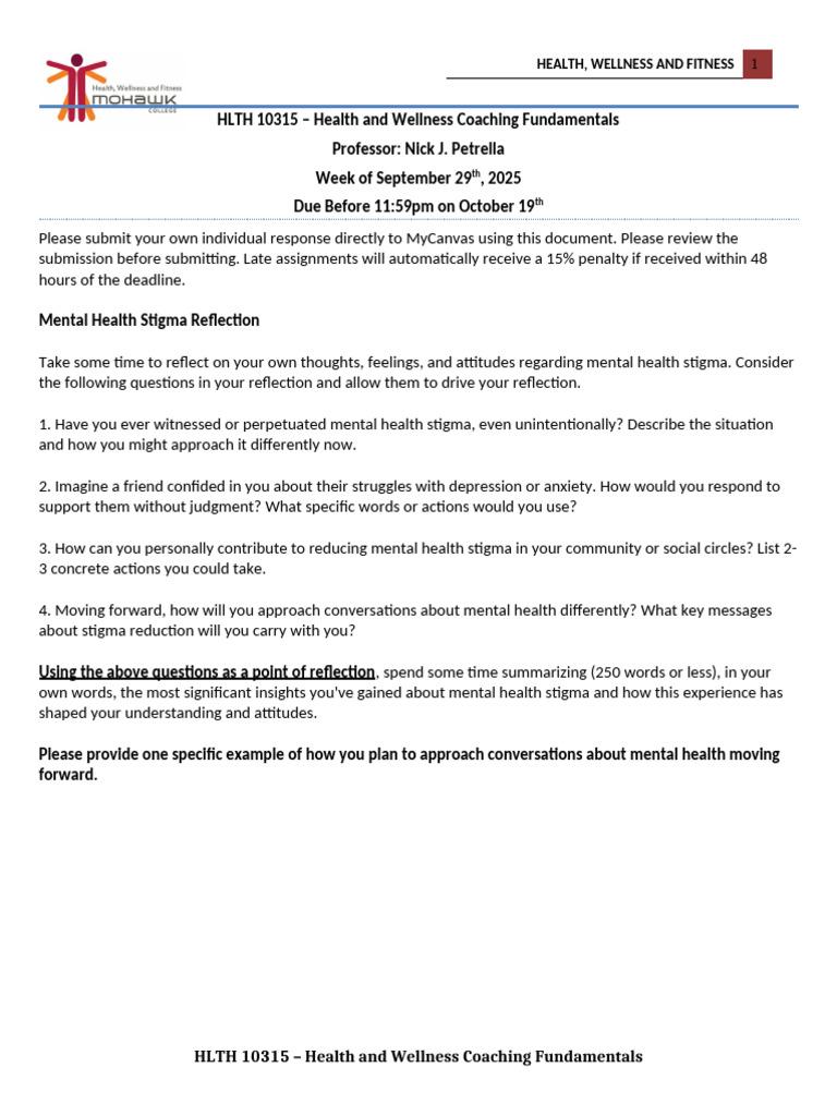 HLTH 10315 - Mental Health and Stigma Reflection | PDF