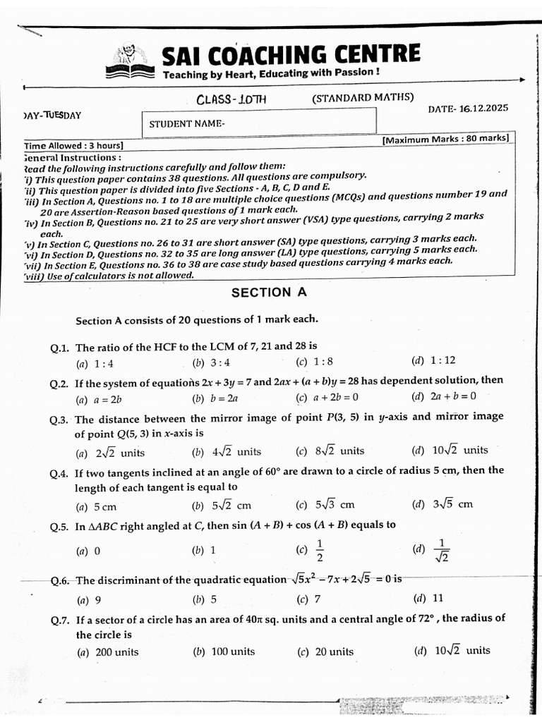 10th Maths Sample Paper | PDF
