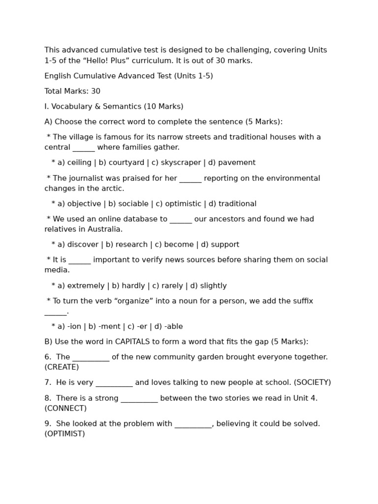 Advanced English Test: Units 1-5 | PDF | Syntax | Human Communication