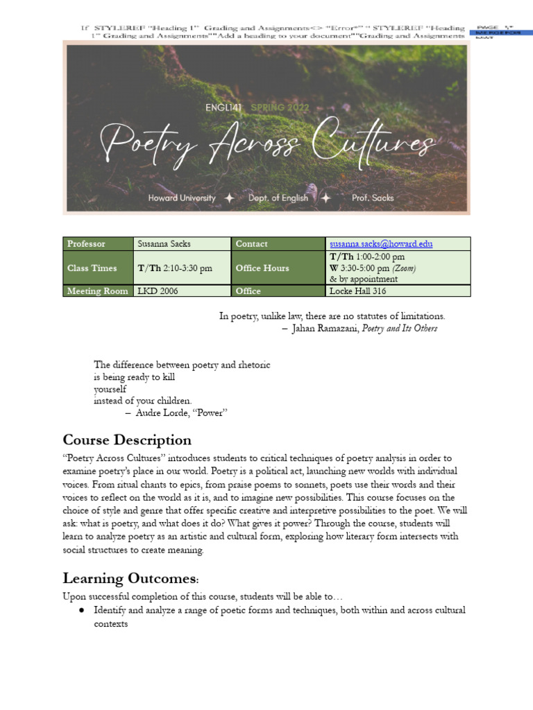 Poetry Across Cultures Course Overview | PDF | Poetry | Title Ix