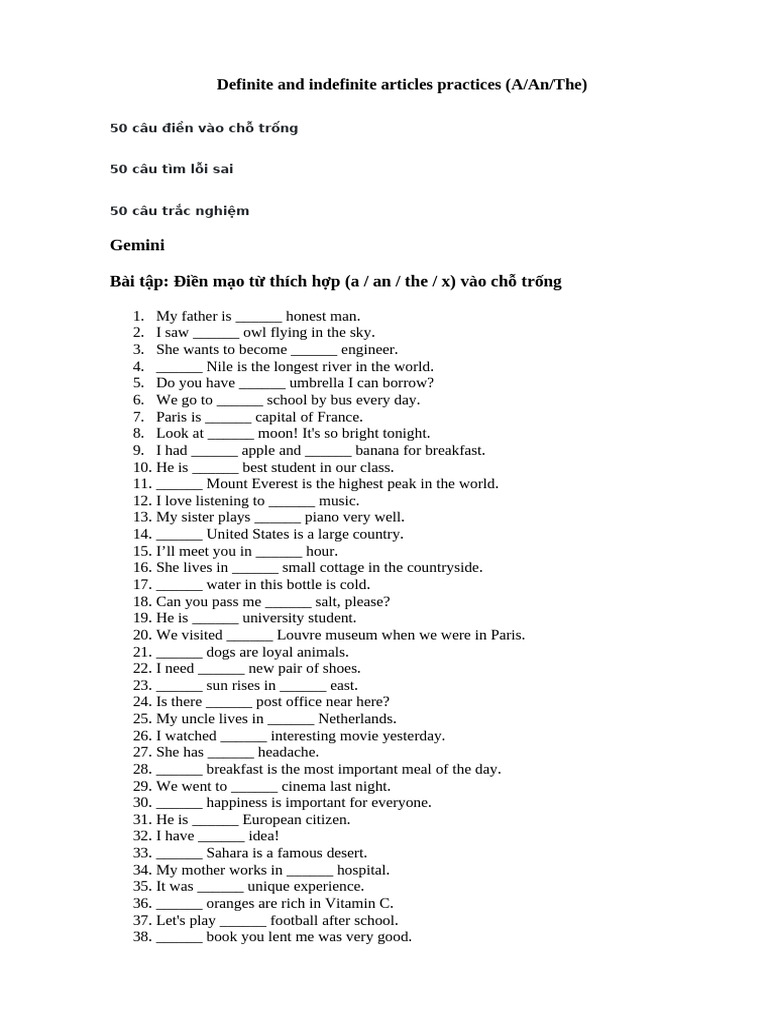 Definite and Indefinite Articles Practices (KEY) | PDF