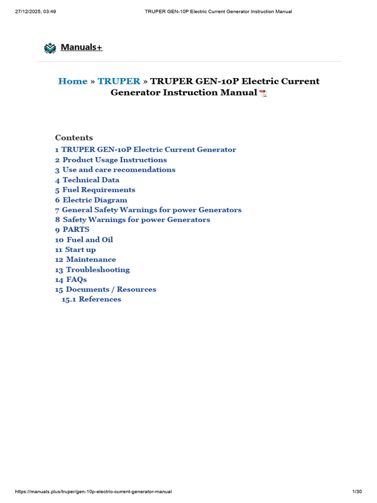 TRUPER GEN-10P Electric Current Generator Instruction Manual | PDF ...