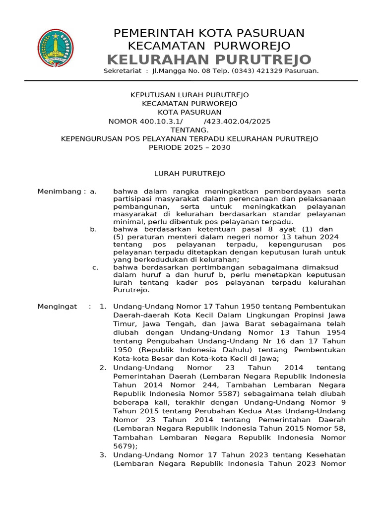 SK Kelurahan Kader Posyandu 2026 Fix | PDF