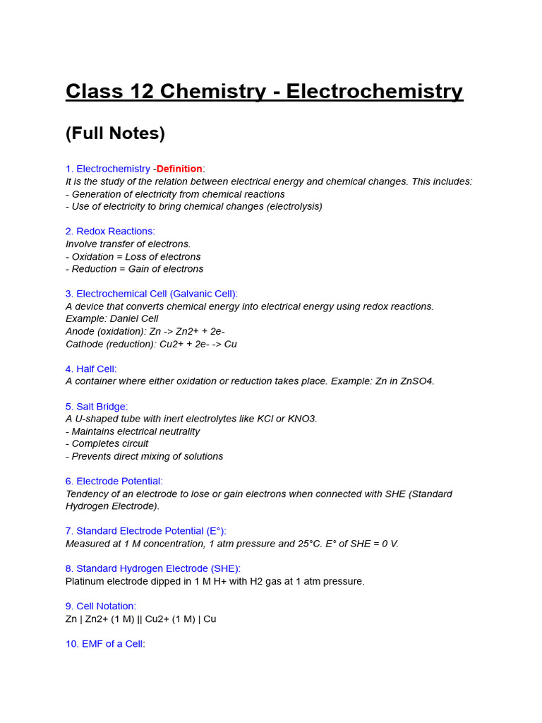 Class 12 Electrochemistry Notes | PDF