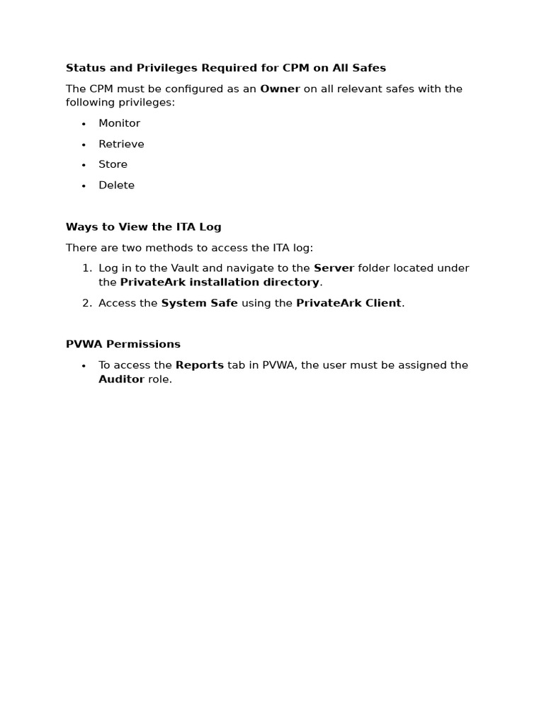 Status and Privileges Required For CPM On All Safes | PDF