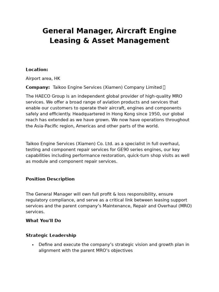 General Manager, Aircraft Engine Leasing | PDF | Lease | Governance