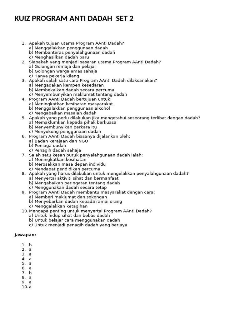 Kuiz Program Anti Dadah Set 2 | PDF