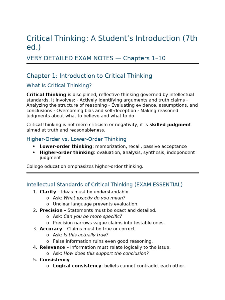 Critical Thinking Exam Notes: Chapters 1-10 | PDF | Argument | Logic