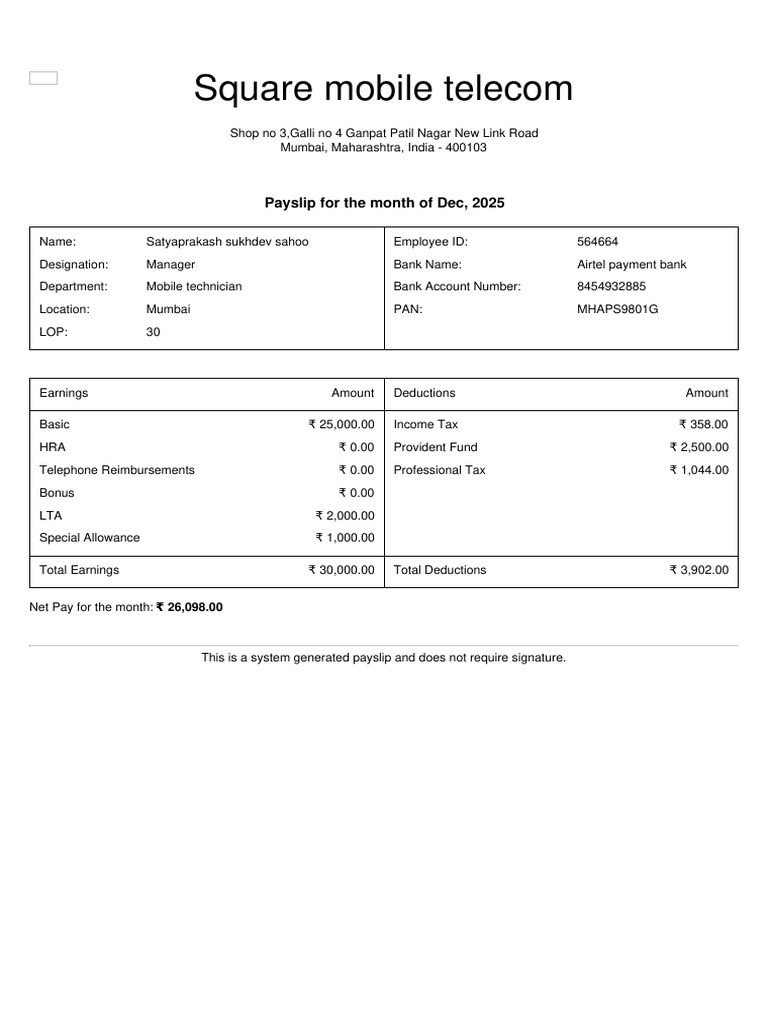 December 2025 Payslip for Manager | PDF