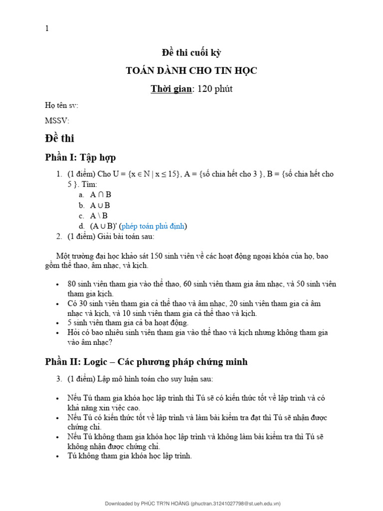 Đề Cki Toán Tin 1 | PDF