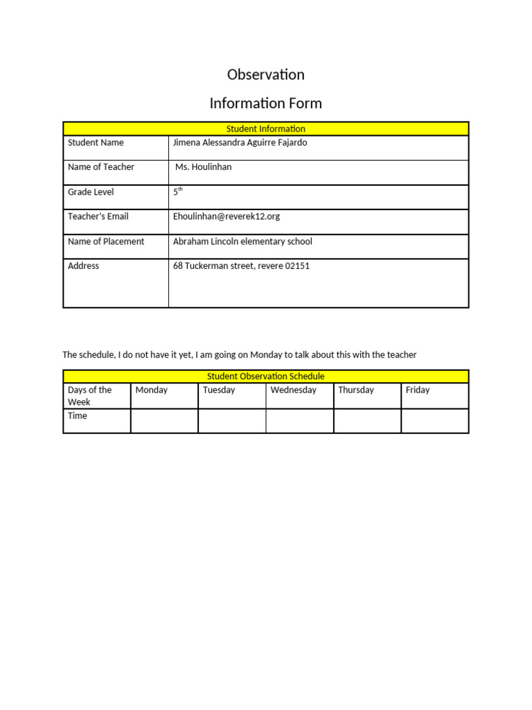 Student Observation Schedule Form | PDF