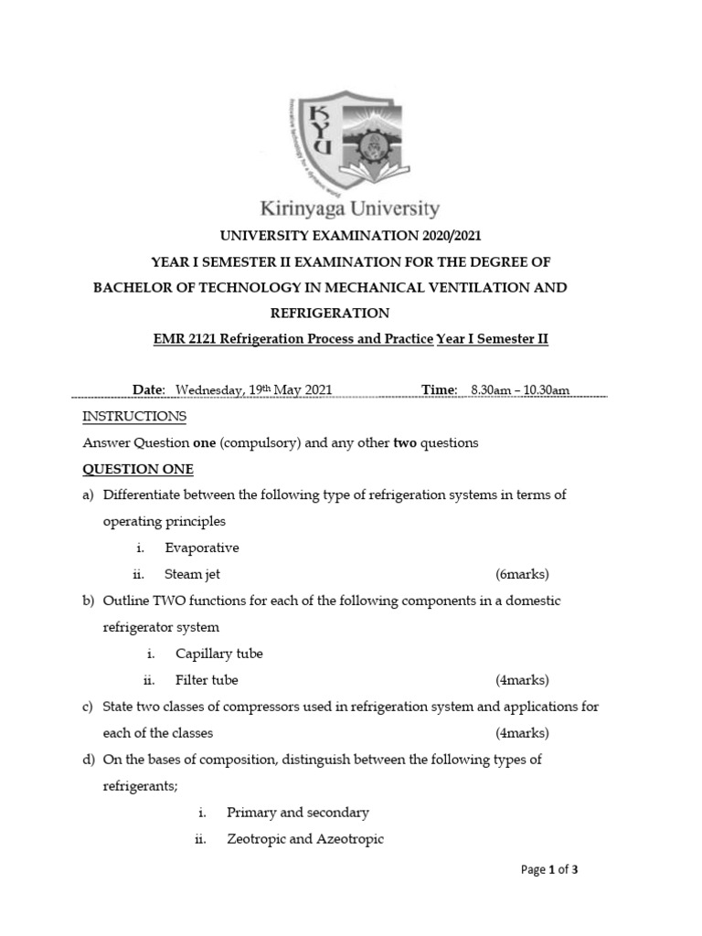 Refrigeration Process Exam 2021 | PDF | Electromechanical Engineering ...