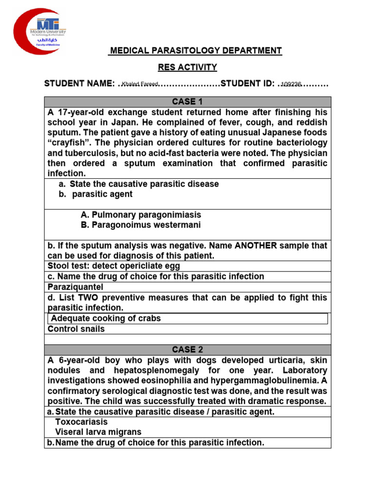 Parasitology Assignment Answer | PDF | Microbiology | Medicine