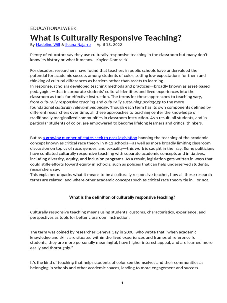 Culturally Responsive Teaching | PDF | Teachers | Pedagogy