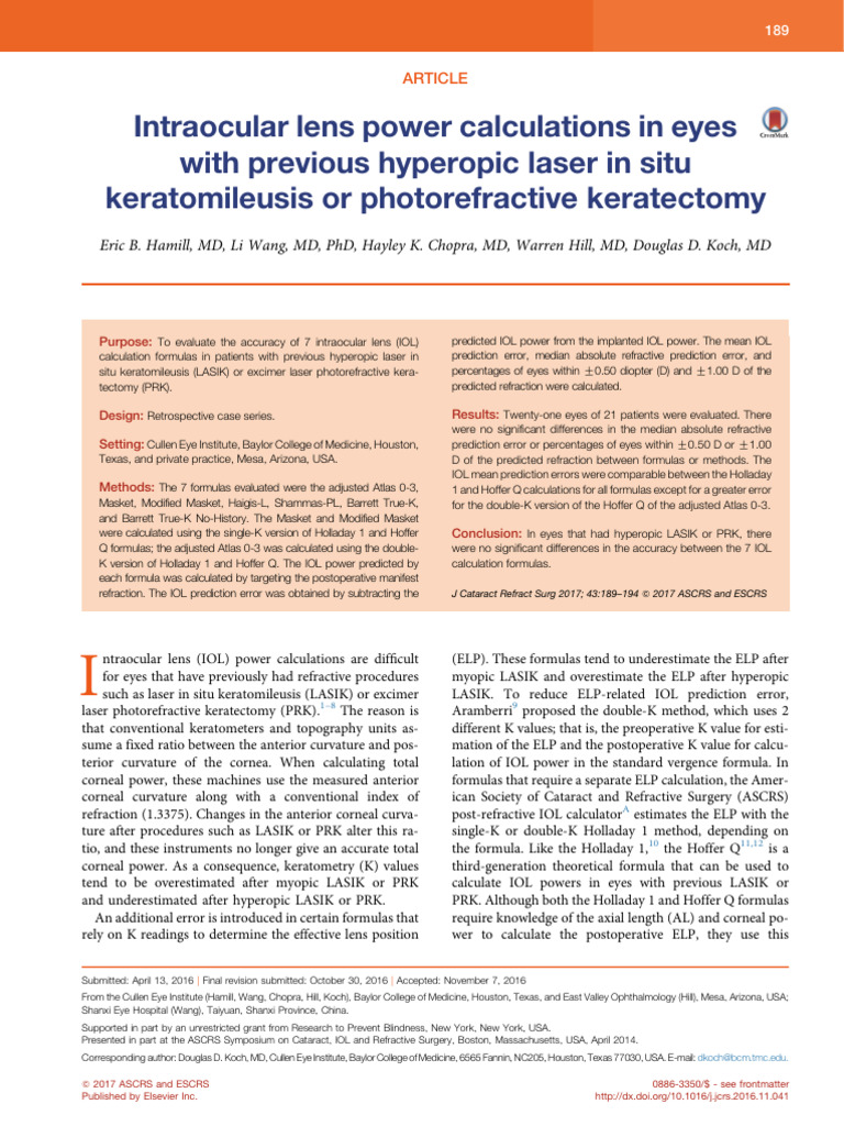 IOL Power Calculations Post-Hyperopic LASIK | PDF | Eye | Light