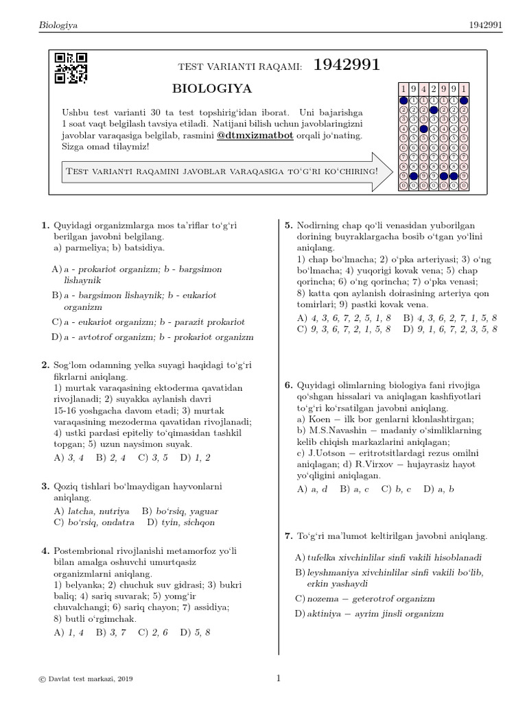 Biologiya: Test Varianti Raqamini Javoblar Varaqasiga To G Ri Ko ...